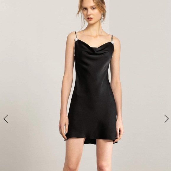 J.ING | Dresses | Jing Black Satin Silky Cowl Neck Mini Dress With ...